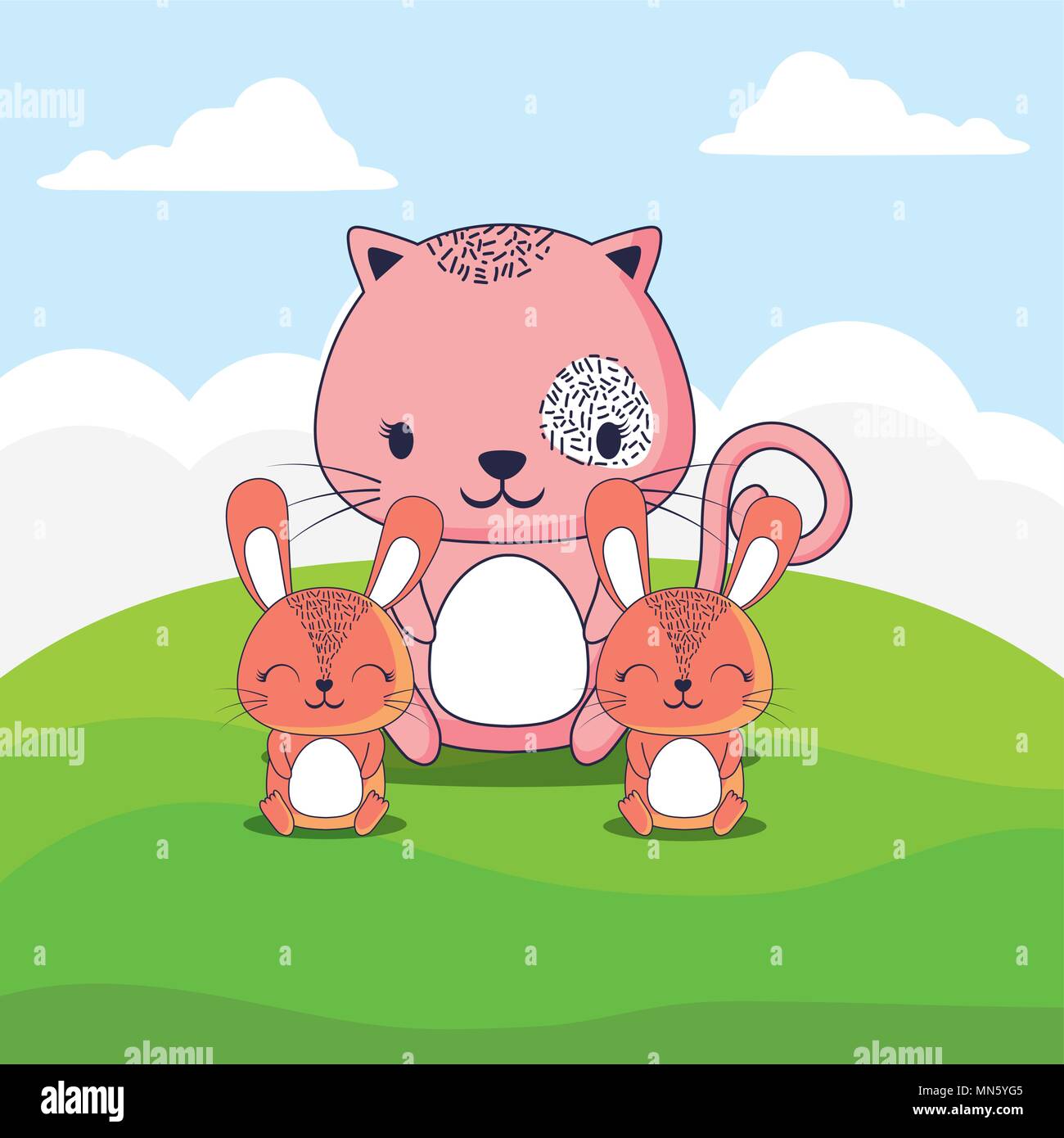 cute cat and rabbits over landscape background, colorful design. vector ...