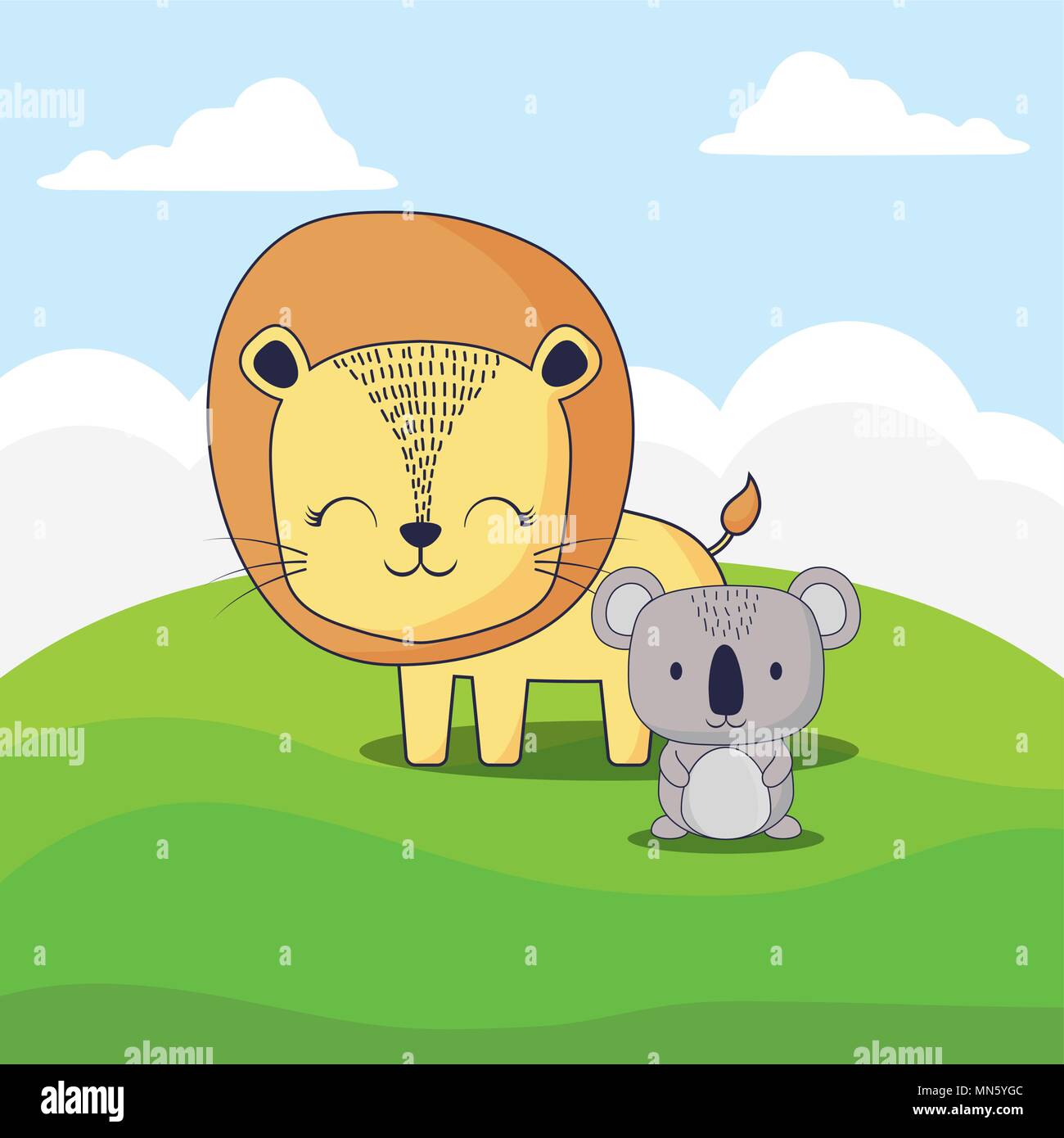 cute lion and koala over landscape background, colorful design. vector illustration Stock Vector ...
