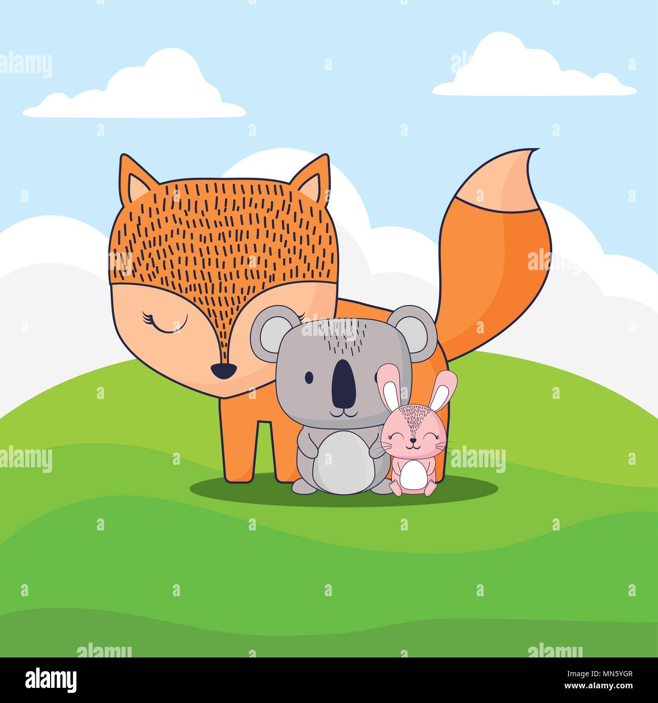 cute fox with koala and rabbit over landscape background, colorful ...