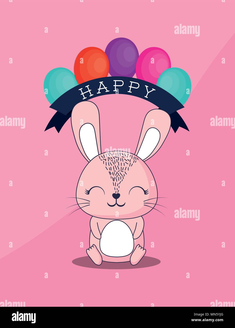Happy birthday design with cute rabbit and balloons over pink ...