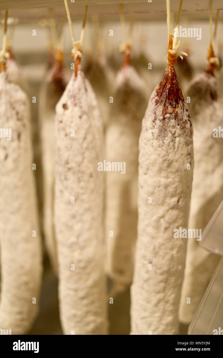 Sausage hanging and curing, house made, gourmet cured heritage Texas ...