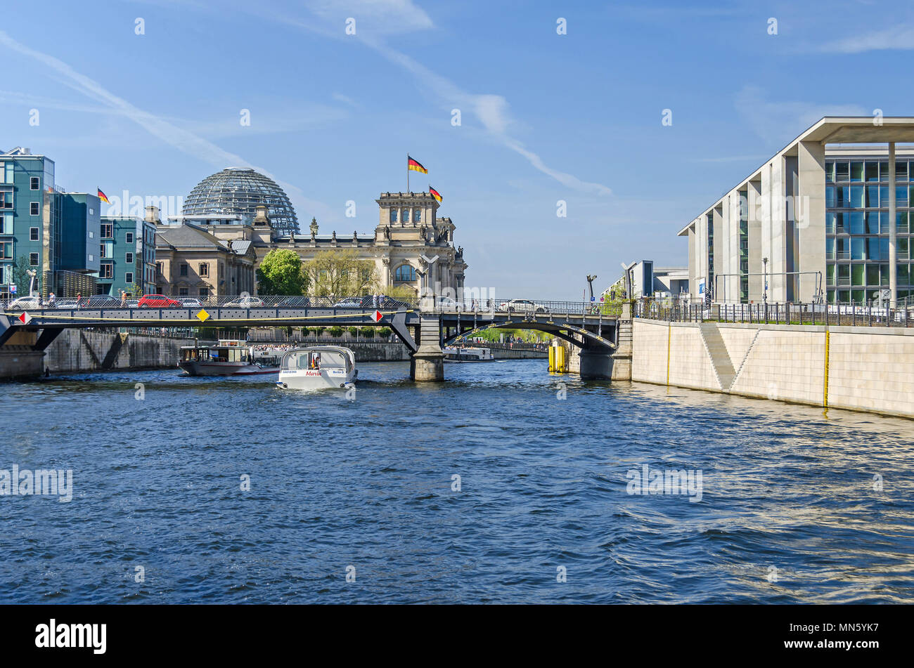 Berlin, Germany - April 22, 2018: River Spree with tourist boats, the ...