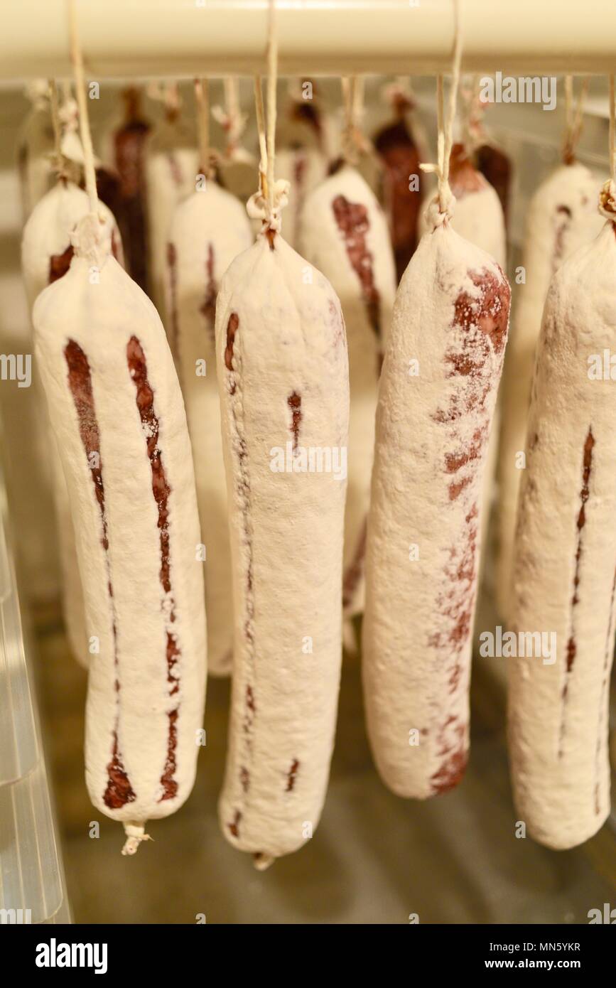 Sausage hanging and curing, house made, gourmet cured heritage Texas ...