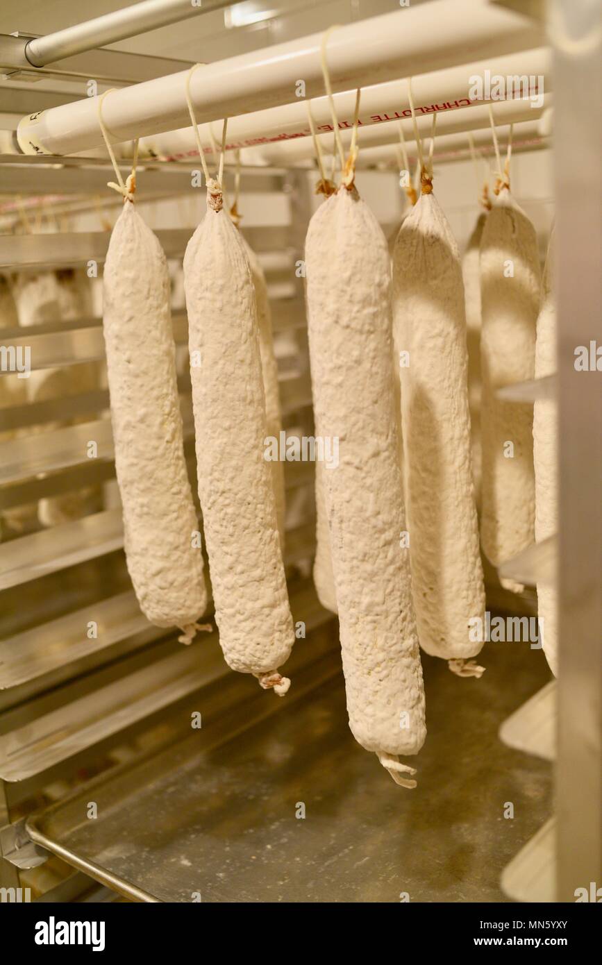 Sausage hanging and curing, house made, gourmet cured heritage Texas ...