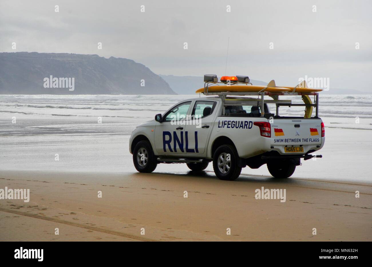Newquay, Cornwall, UK - May 09 2018: RNLI Lifeguard truck on a Cornish ...