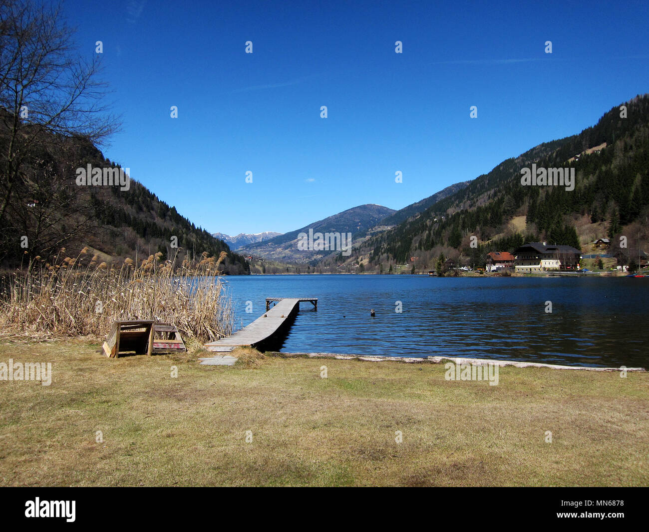 boardwalk to a lake, late summer, autumn in austria Stock Photo - Alamy