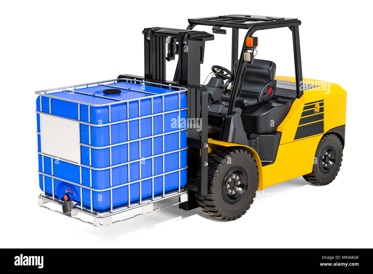 Forklift truck with blue intermediate bulk container, 3D rendering ...