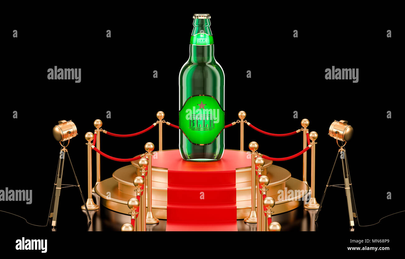 Podium with glass beer bottle, presentation of new beer concept. 3D ...