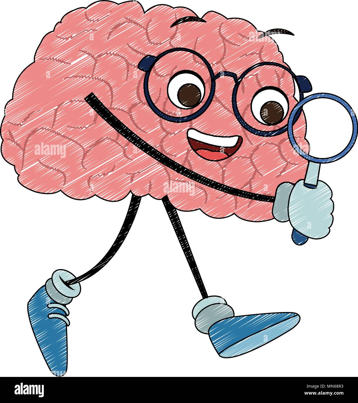 Funny brain cartoon with magnifying glass scribble Stock Vector Image ...