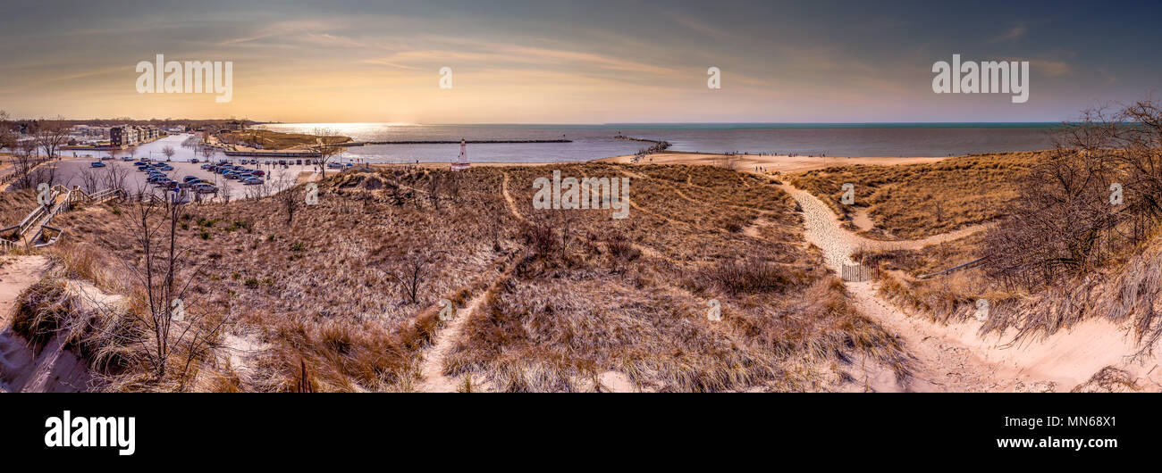 Panoramic view of Lake Michigan and New Buffalo Beach in Michigan, USA ...