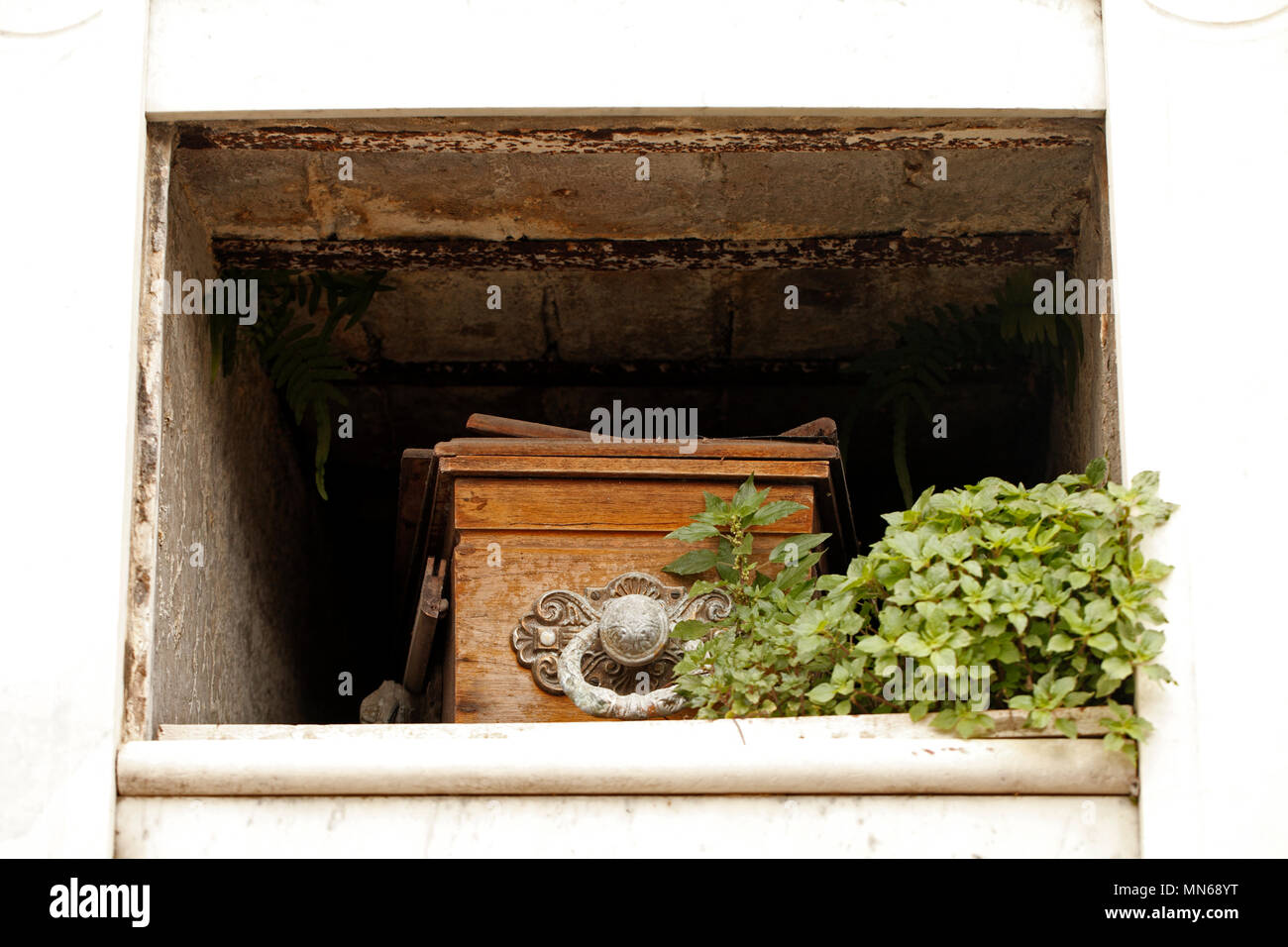 casket, coffin showing in a tomb, open to the air, at Recoleta Cemetery ...