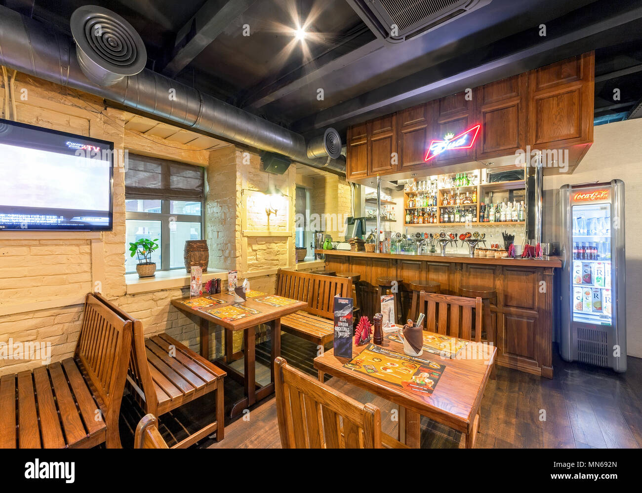 MOSCOW - AUGUST 2014: The interior of the beer bar "SHTIRBEERLITZ". Bar ...