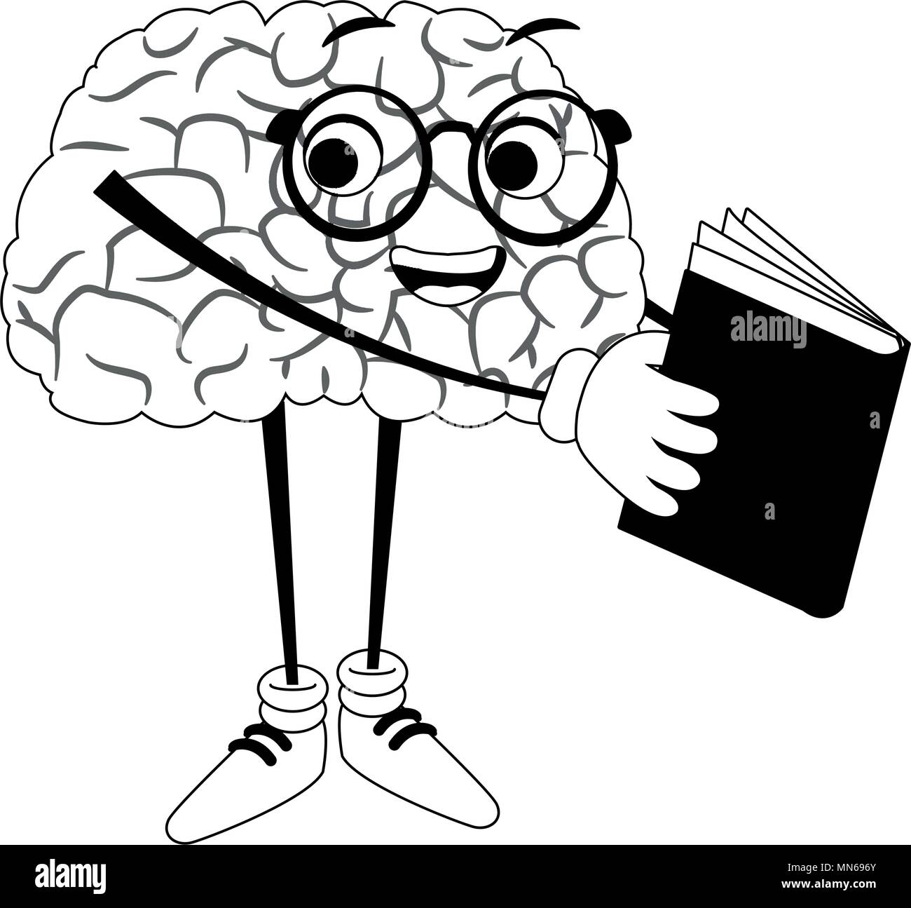 Funny brain cartoon reading a book on black and white colors Stock ...