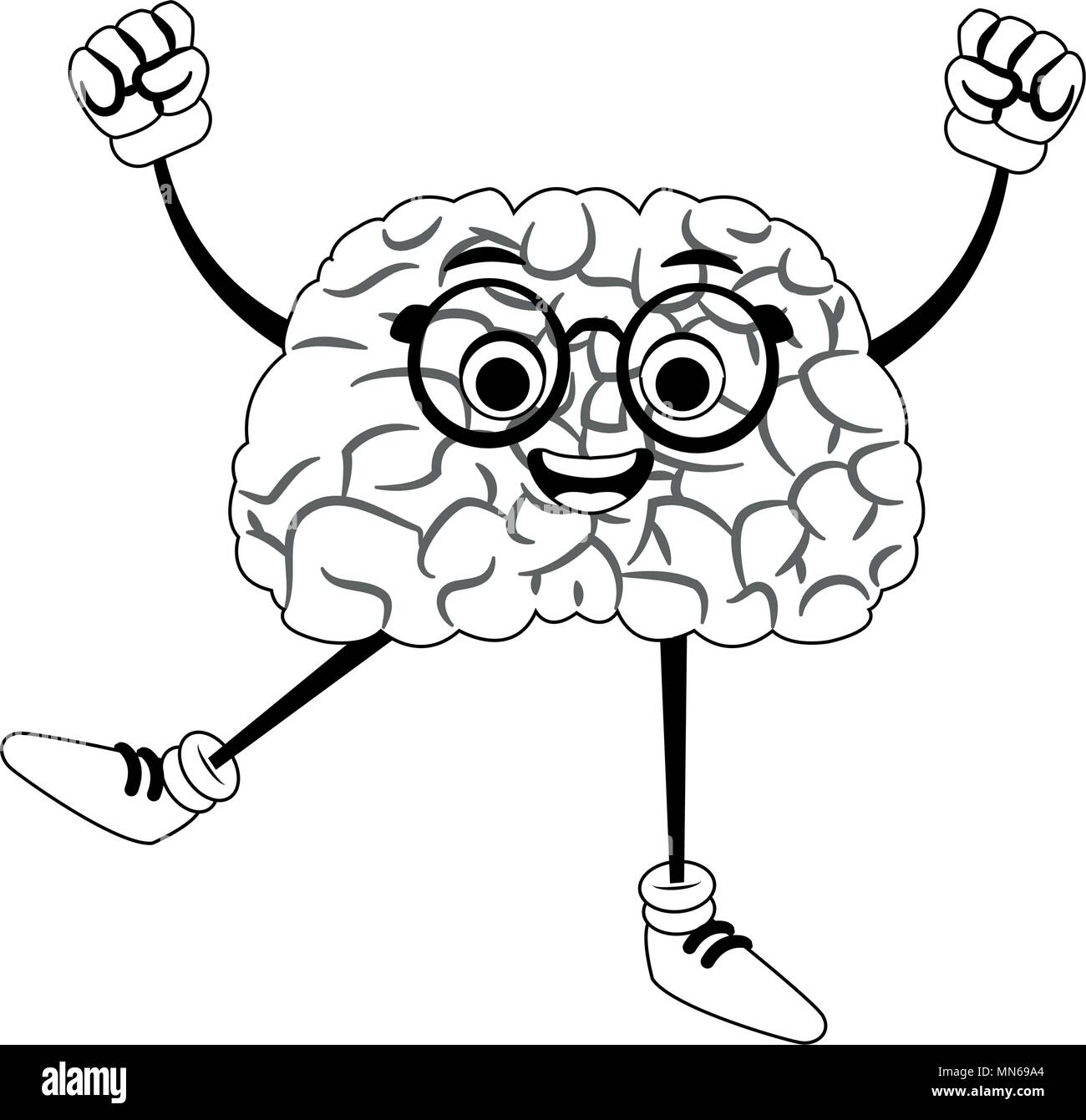 Funny brain cartoon with hands up on black and white colors Stock ...