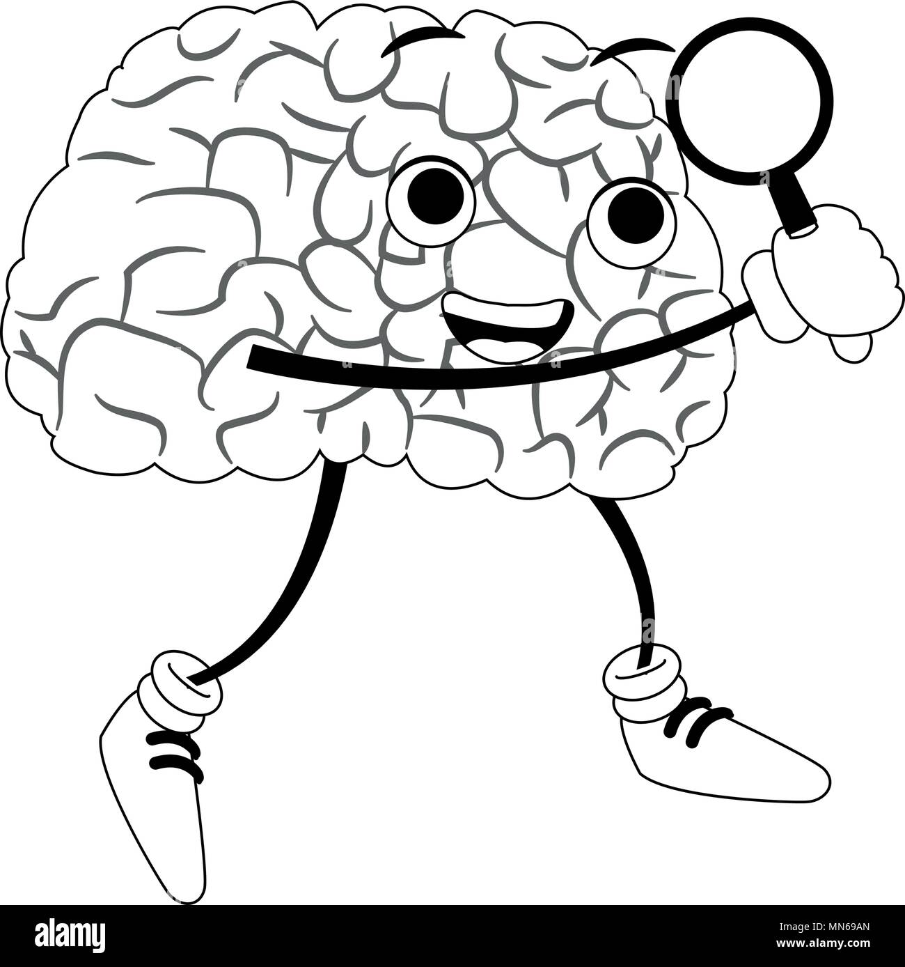Funny brain cartoon with magnifying glass on black and white colors ...