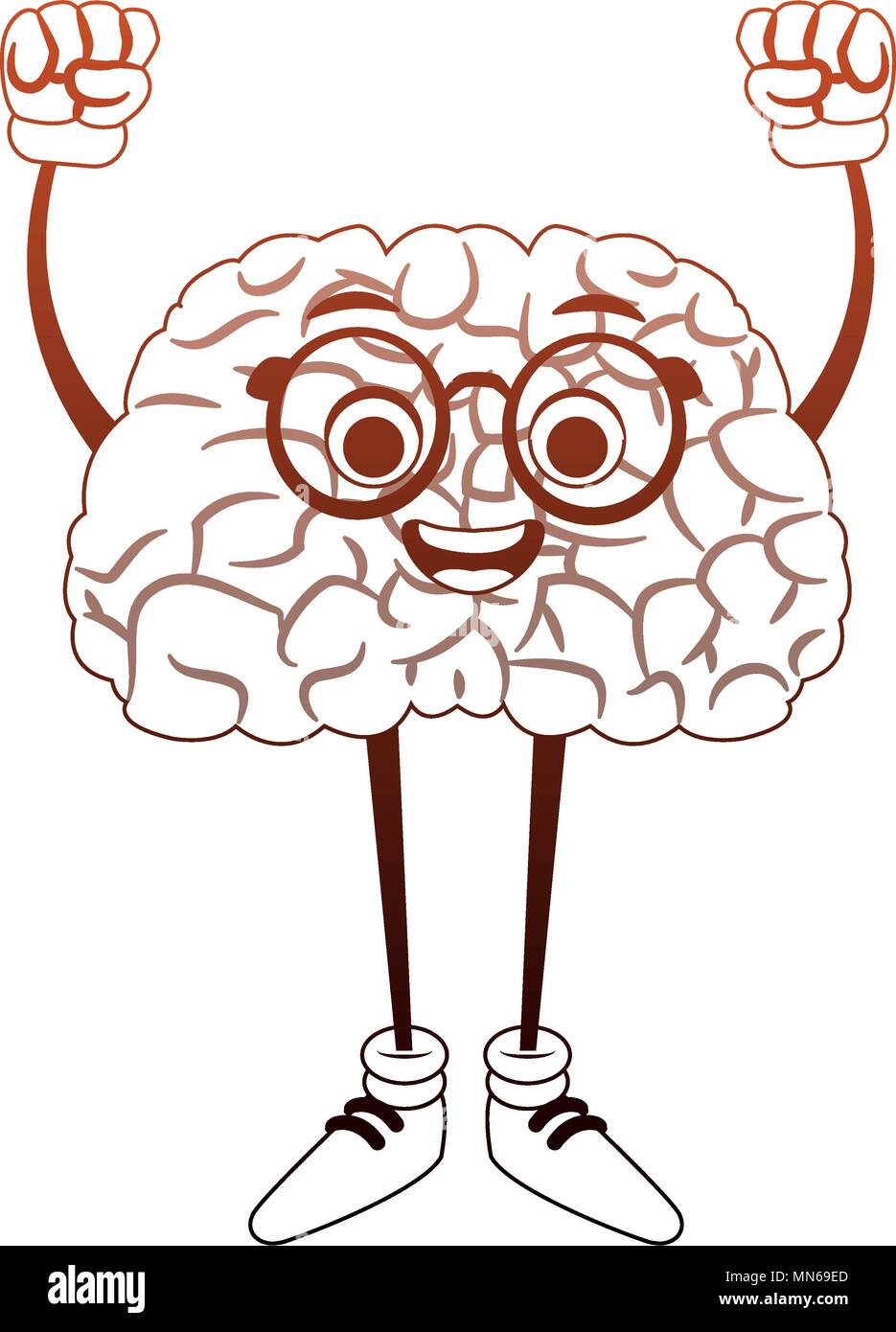 Funny brain cartoon with hands up in orange and white colors Stock ...