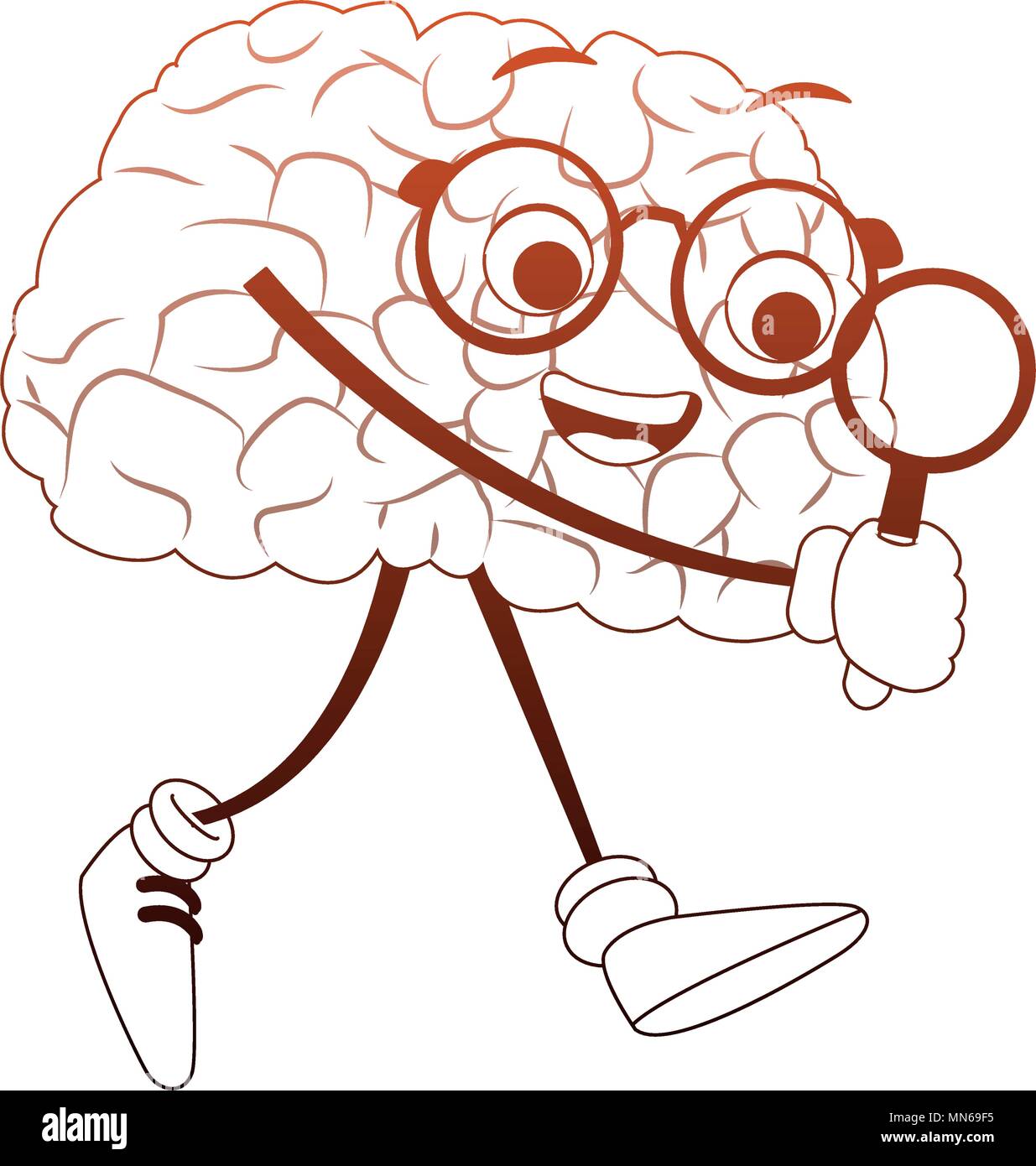 Funny brain cartoon with magnifying glass in orange and white colors ...