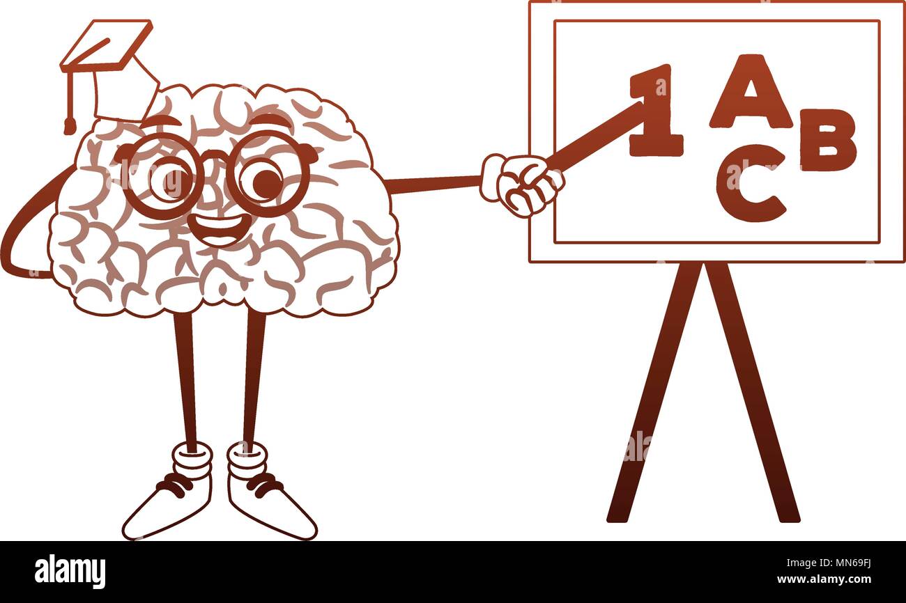 Funny brain cartoon exposing with blackboard in orange and white colors ...