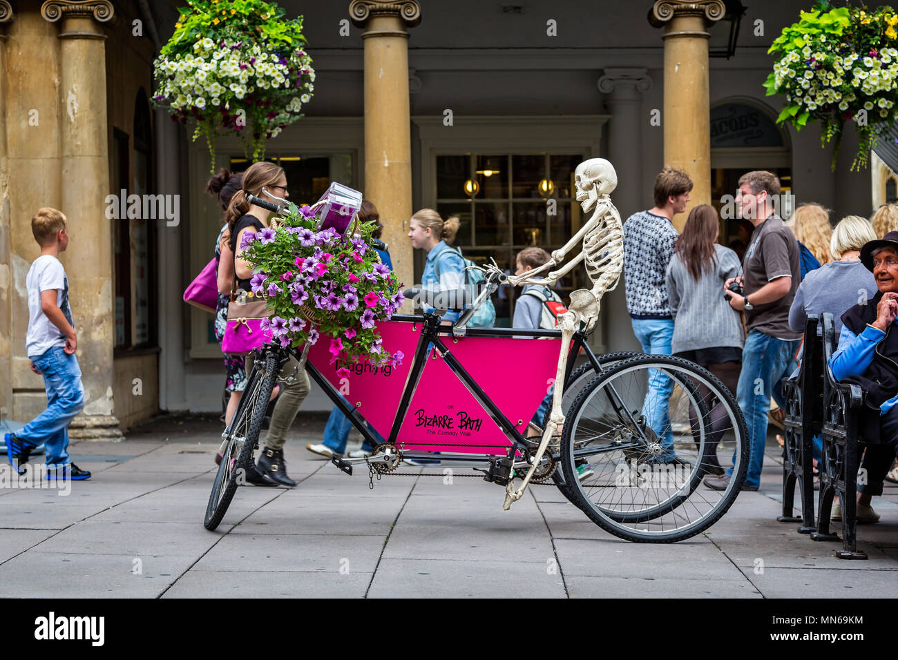 Skeleton riding bicycle for Bath bizarre tour taken in Bath, Somerset ...