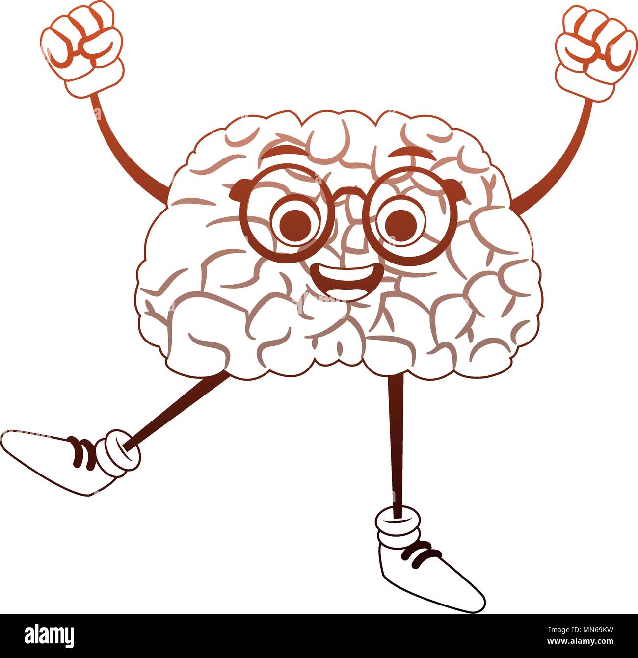 Funny brain cartoon with hands up in orange and white colors Stock ...