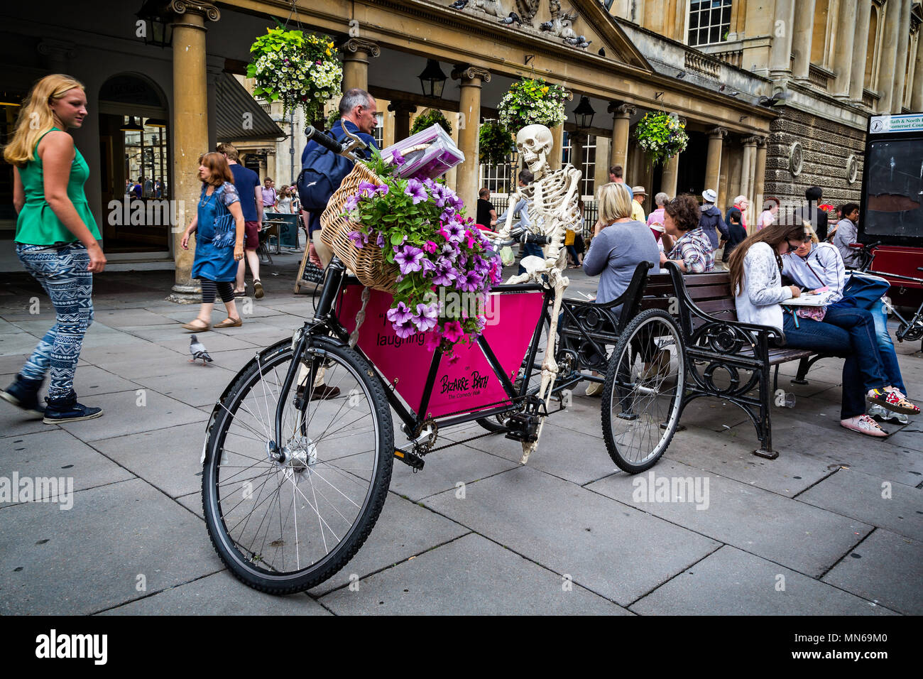 Skeleton riding bicycle for Bath bizarre tour taken in Bath, Somerset ...