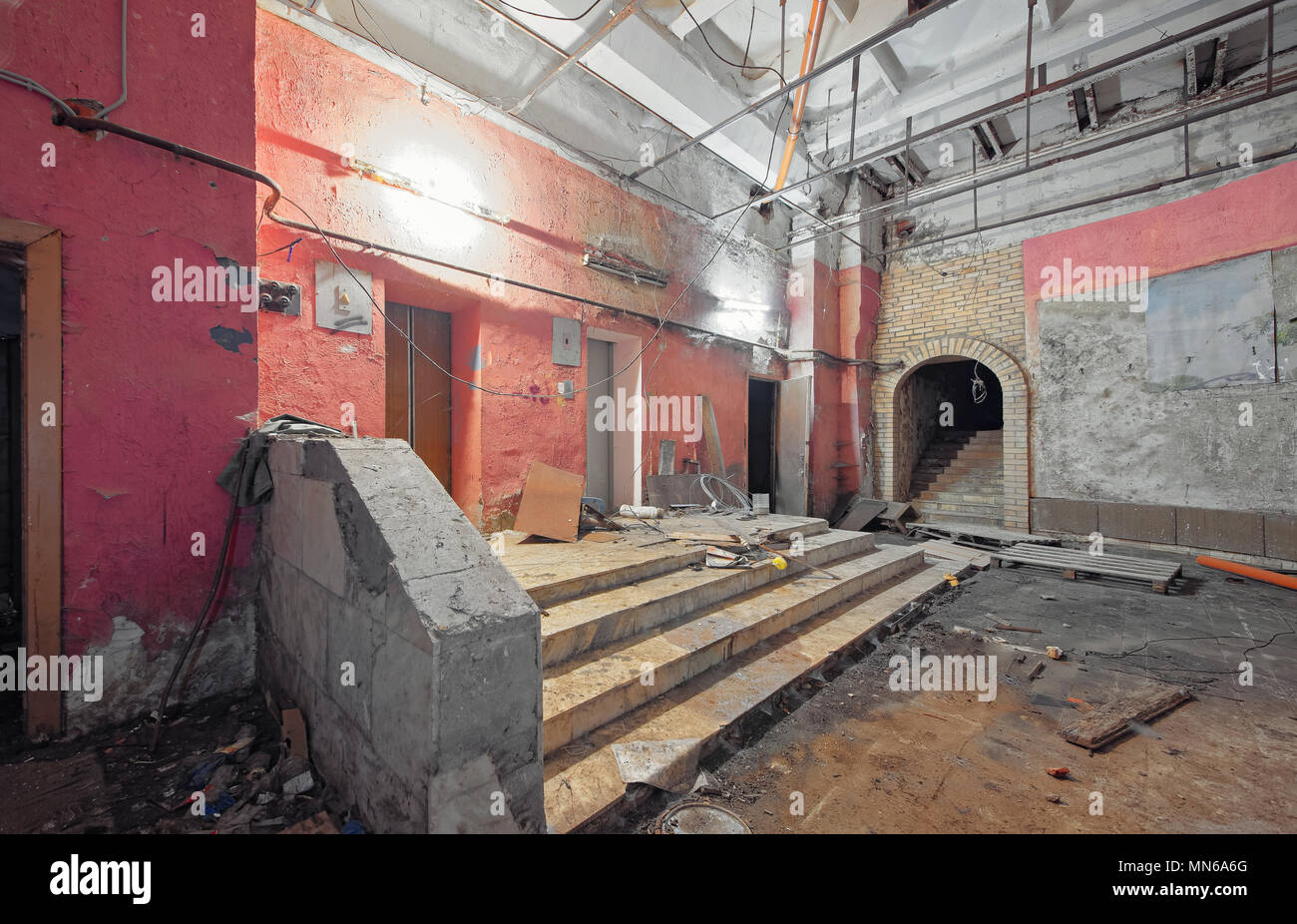 Large abandoned basement of the Soviet research Institute with pink ...