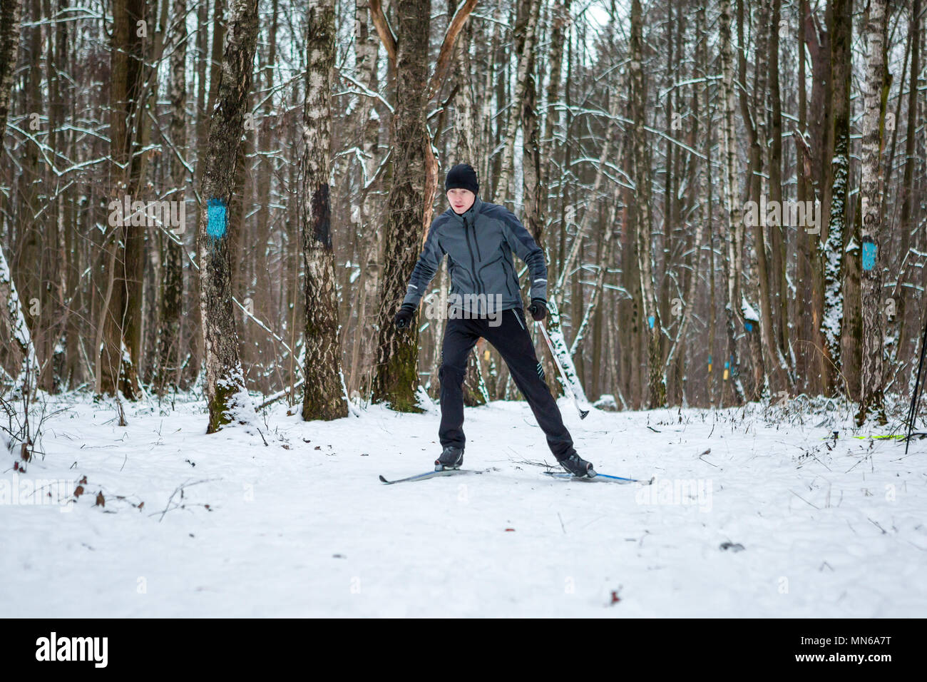 Photo of male skier in gray jacket Stock Photo - Alamy