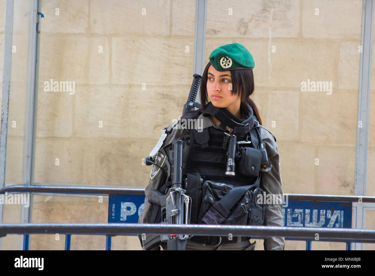 12 May 2018 Via Dolorosa Jerusalem Israel A young Israeli policewoman ...