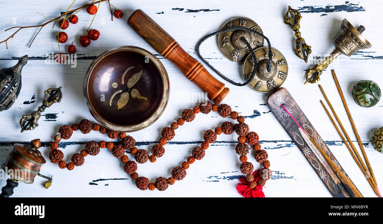 Copper singing bowl, prayer beads, prayer drum and other Tibetan ...