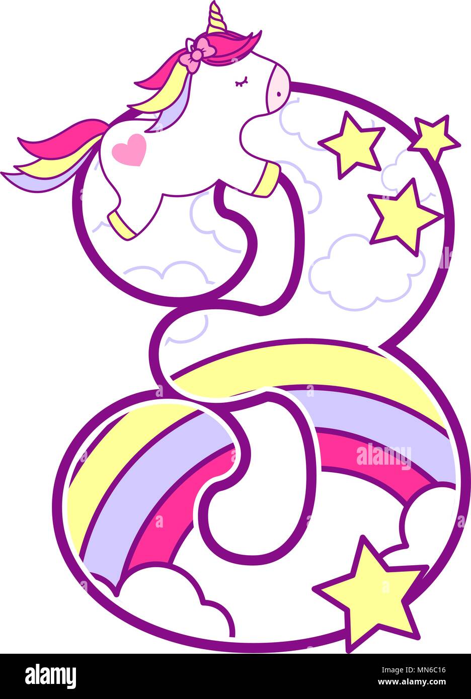 number 3 with cute unicorn and rainbow. can be used for baby birth ...