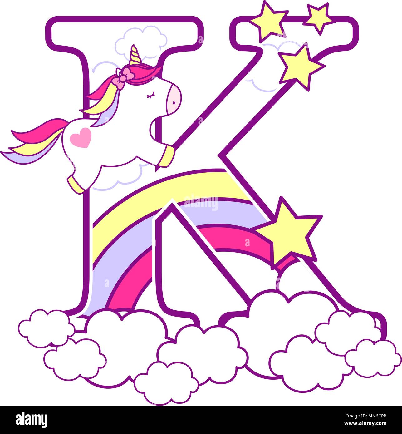 initial k with cute unicorn and rainbow. can be used for baby birth ...