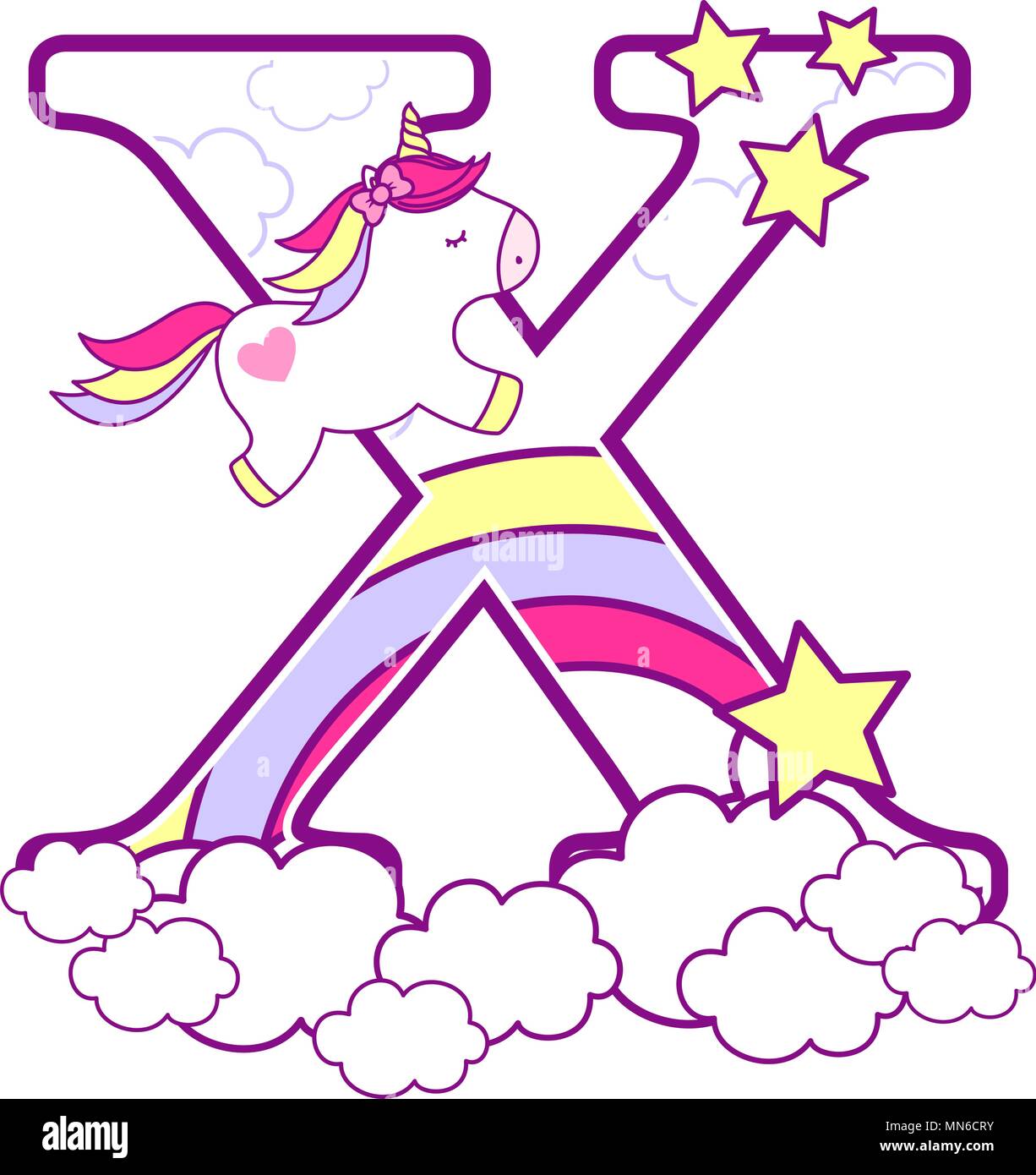 initial x with cute unicorn and rainbow. can be used for baby birth ...