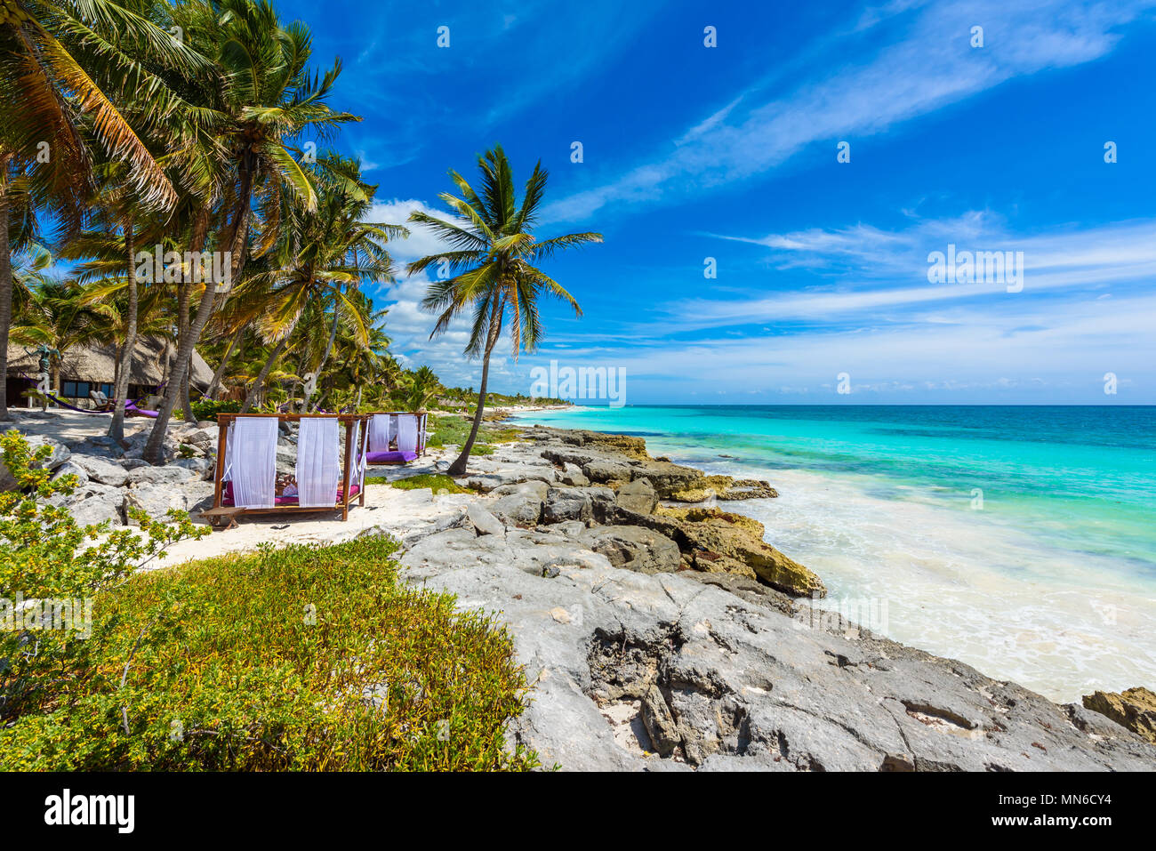 Beach beds under the palm trees on paradise beach at tropical Resort ...