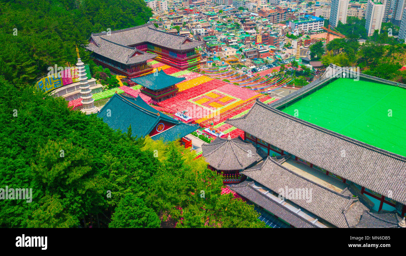 Aerial view of Samgwangsa temple in Busan city of South Korea. Thousands of paper lanterns ...