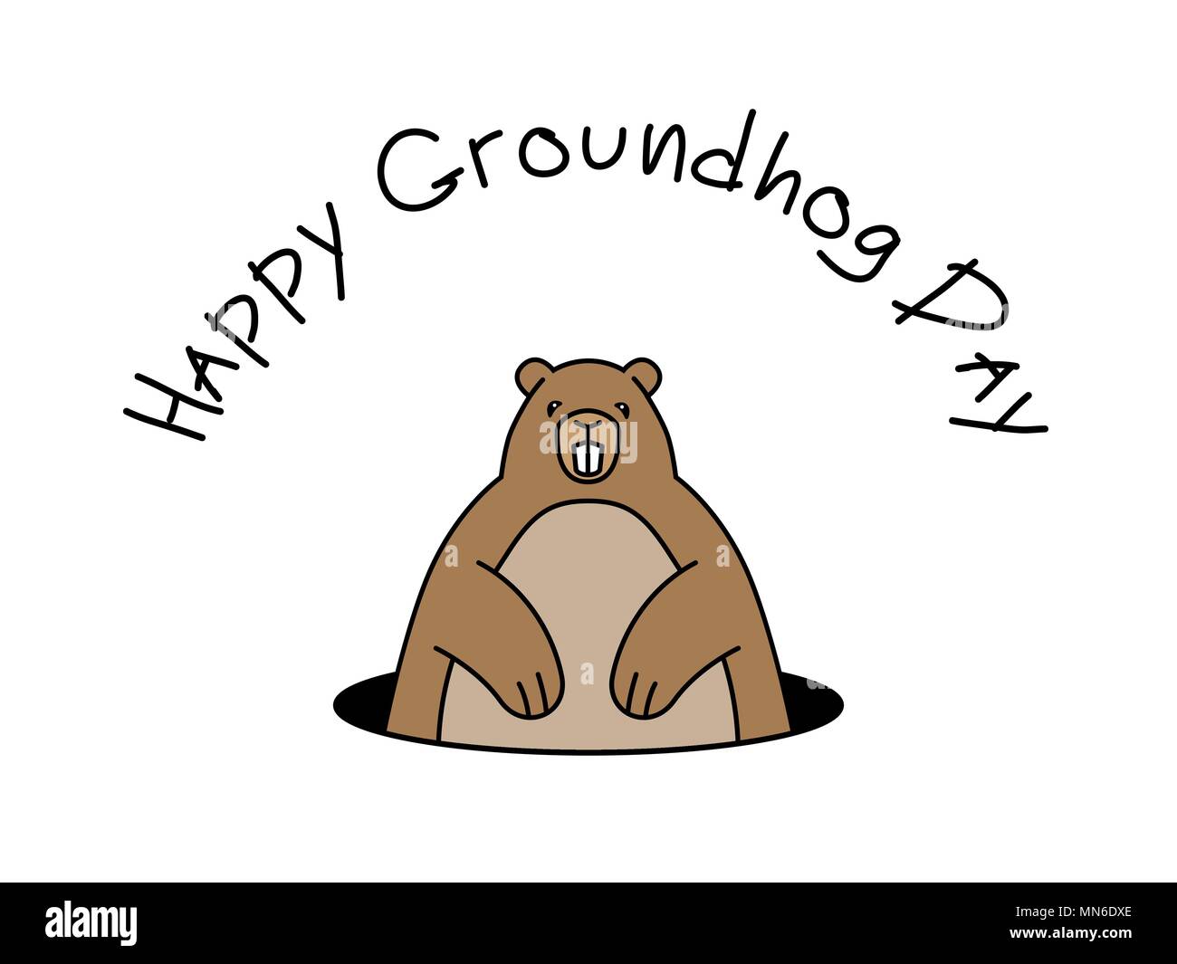 Groundhog peeps out of hole and words Happy Groundhog Day on white ...