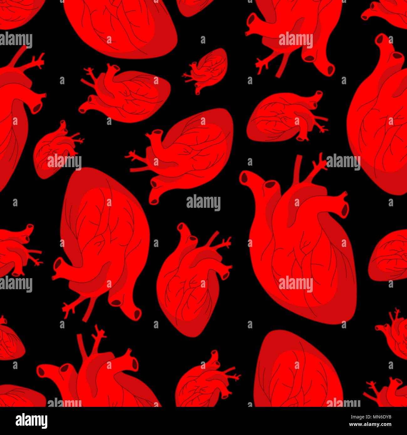 Seamless pattern of many human organs heart on black background Stock ...