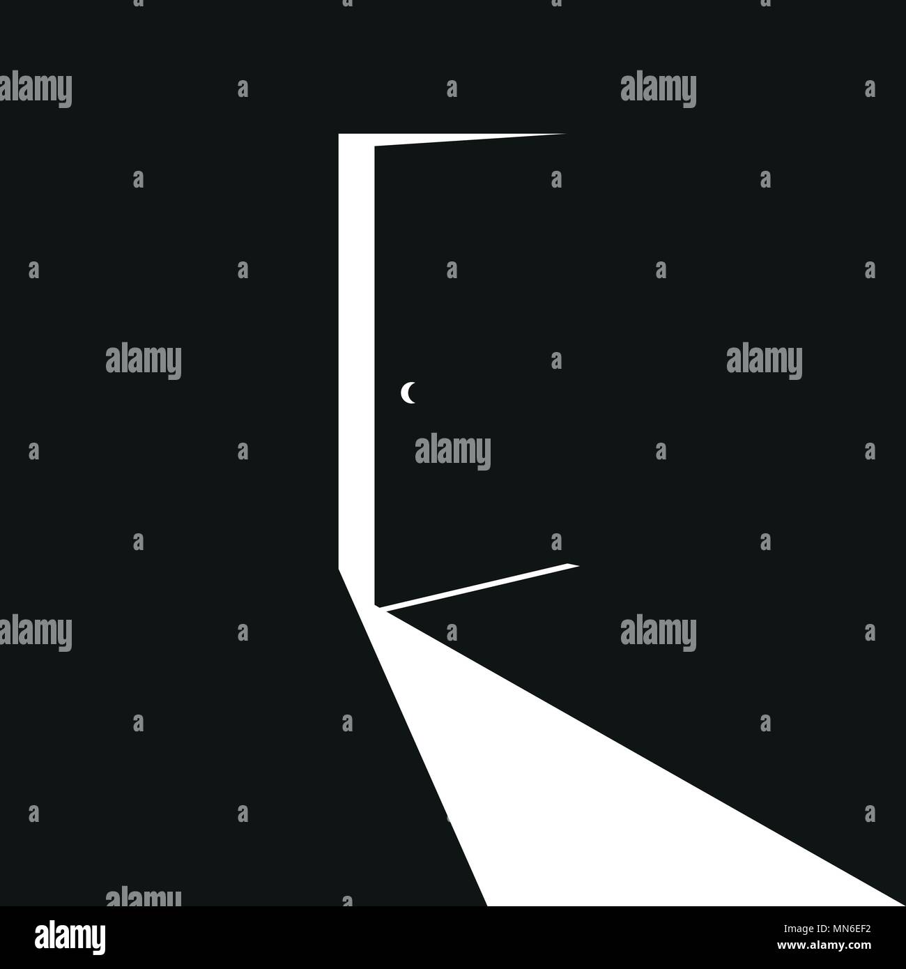 slightly open black door with white light in form of bird with long ...