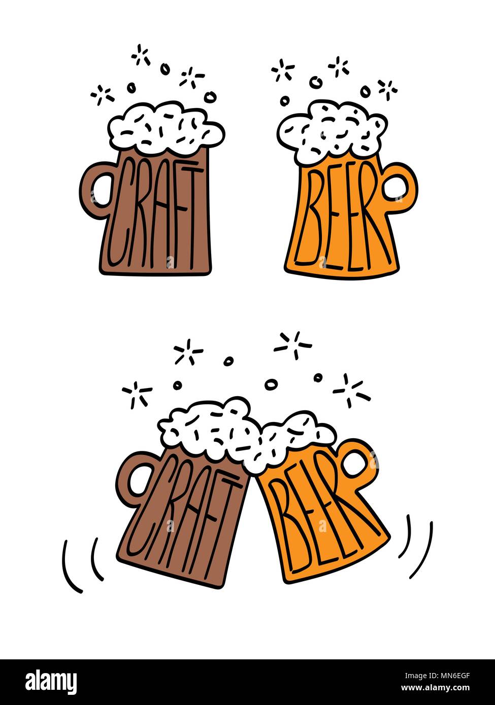 Two mugs with inscription craft beer clink glasses. Vector set. Beer ...