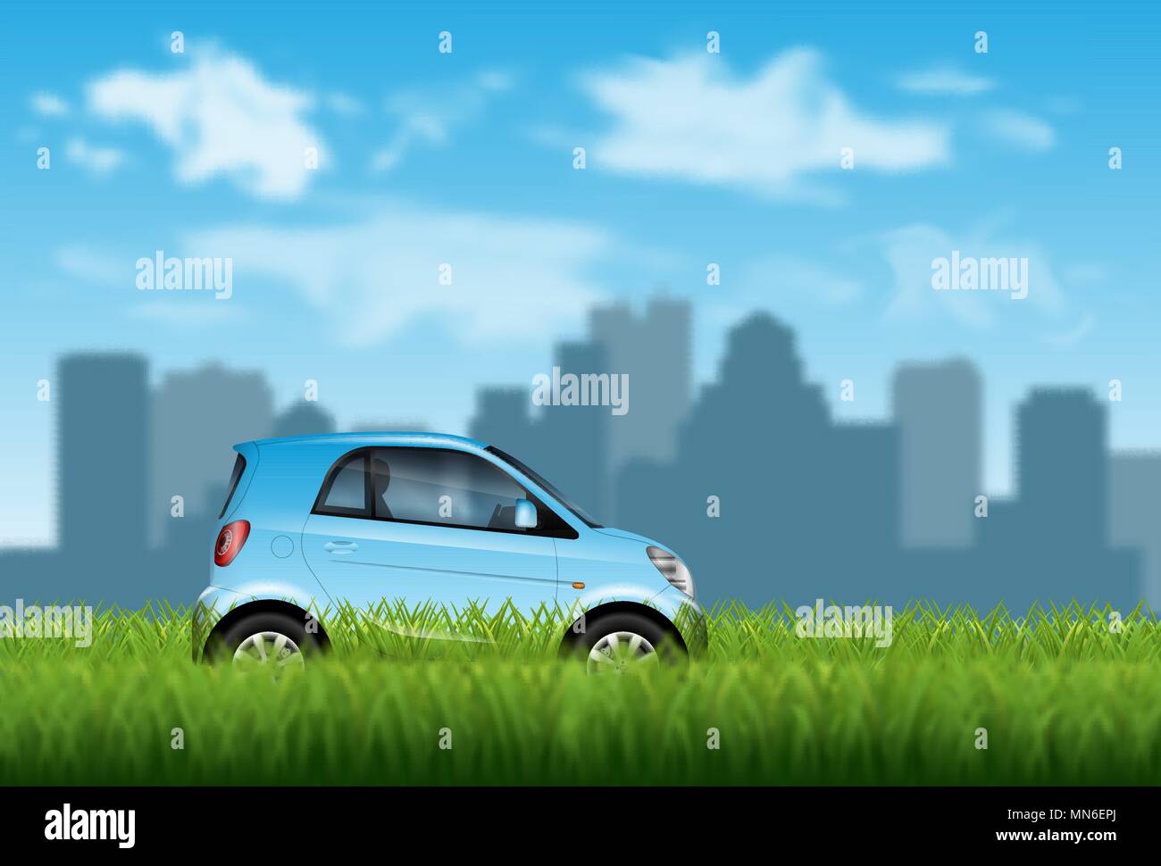 Concept of eco friendly car on the green grass over city background ...
