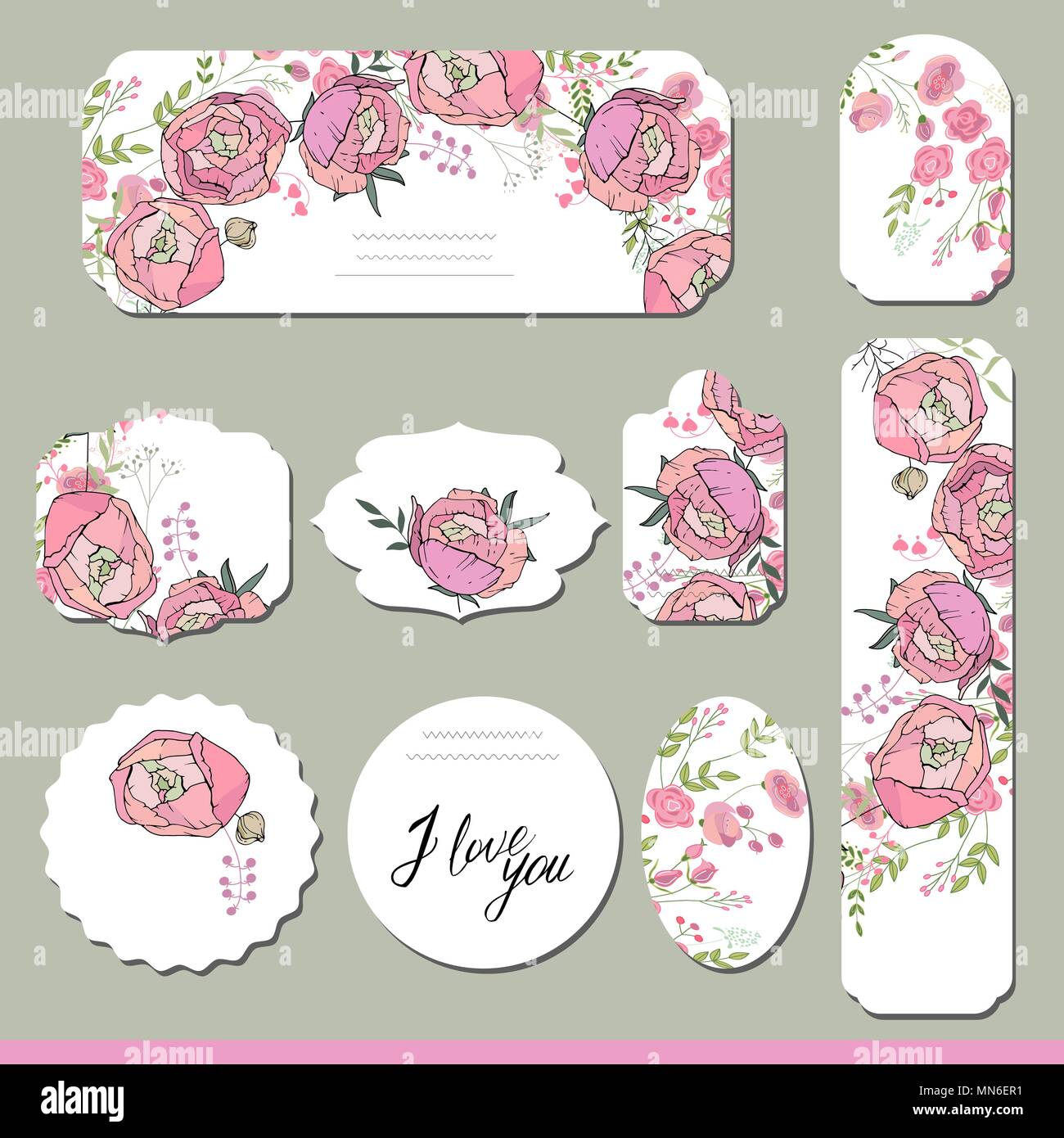 Collection with different floral paper labels for announcements Stock ...