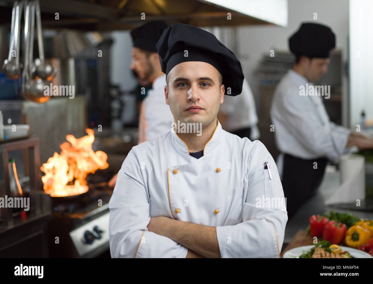 Portrait of young chef standing in commercial kitchen at restaurant ...