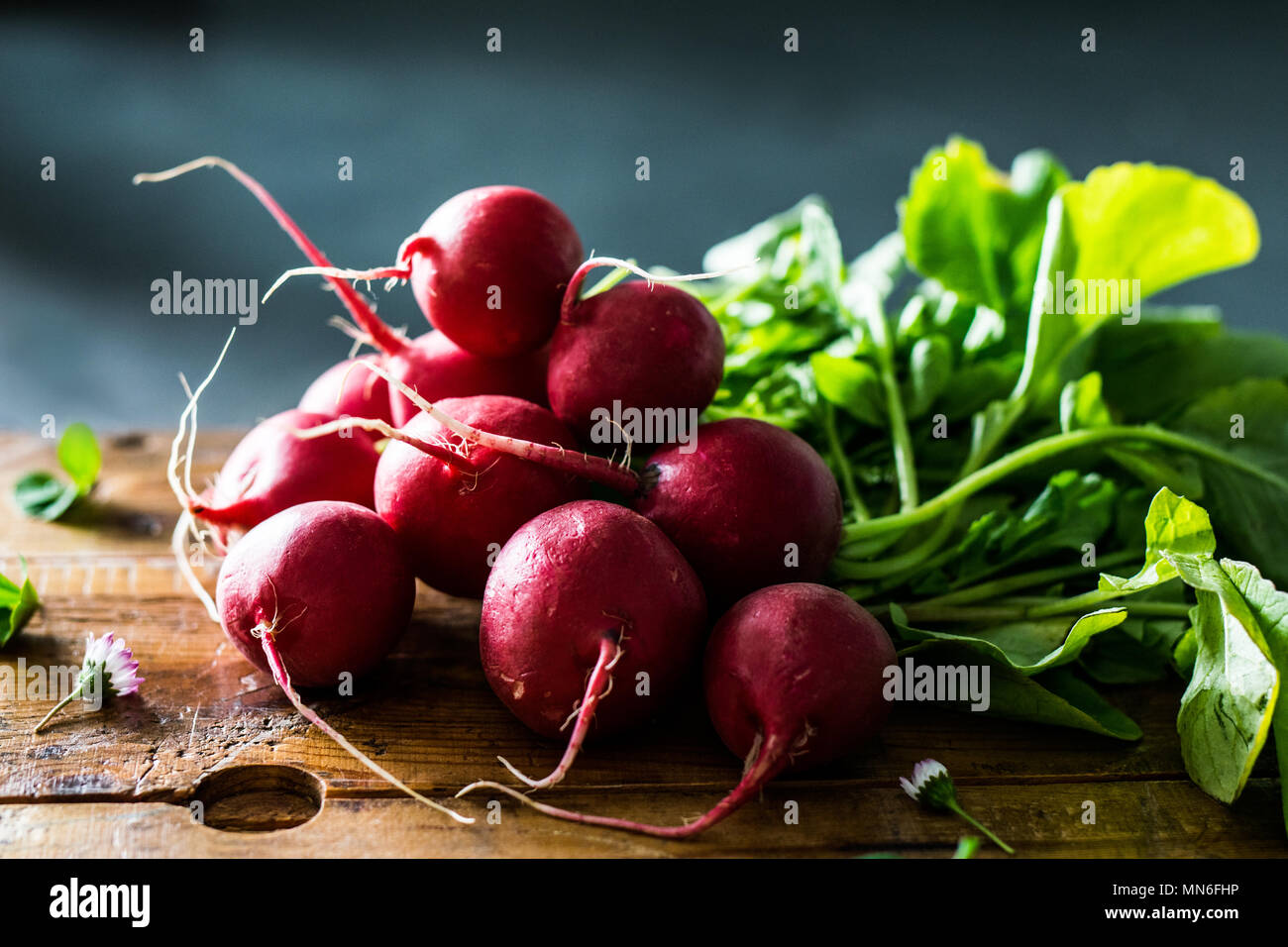 Fresh radishes on rustic wood Stock Photo - Alamy