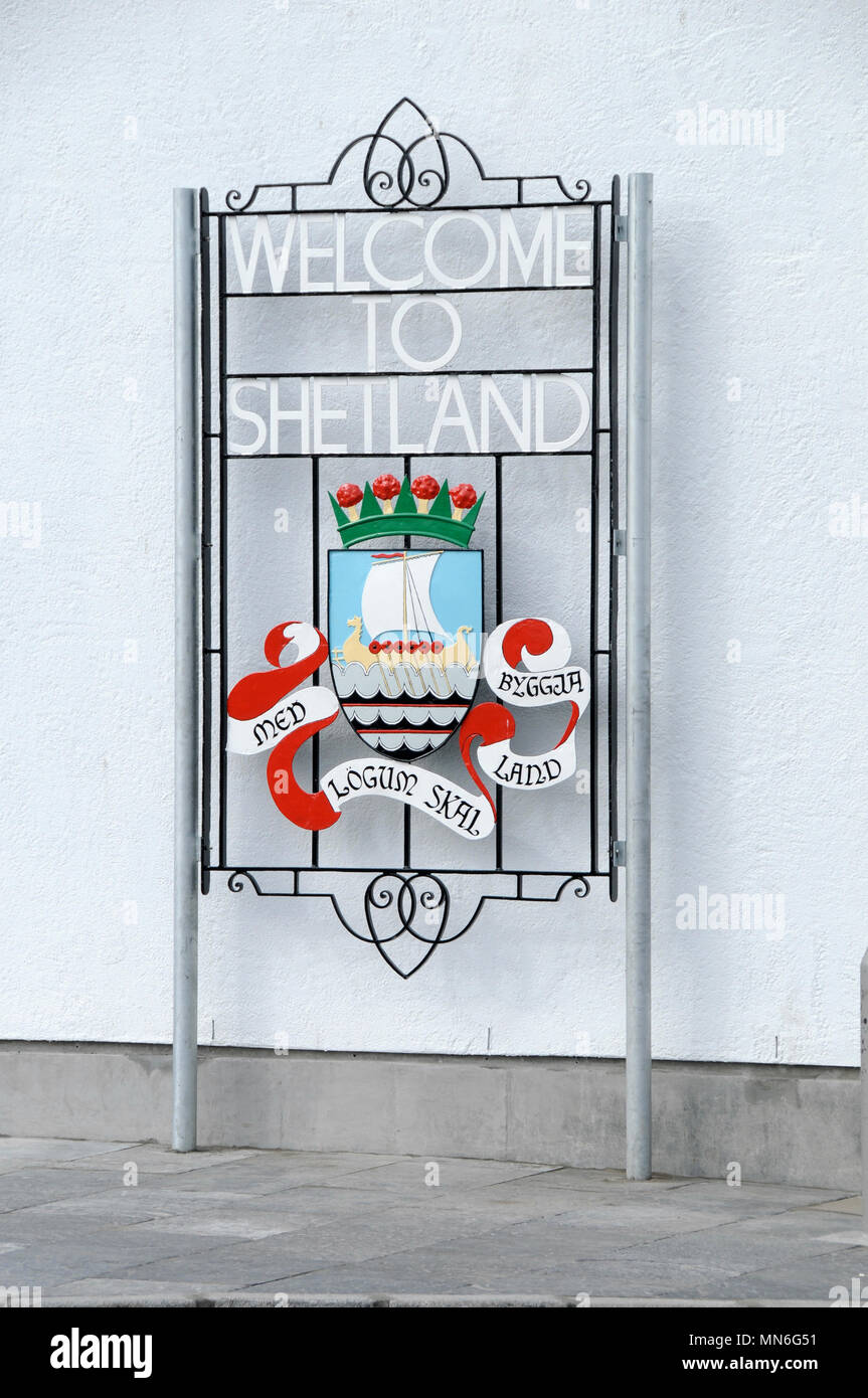 Welcome to Shetland sign in Lerwick town centre Stock Photo - Alamy