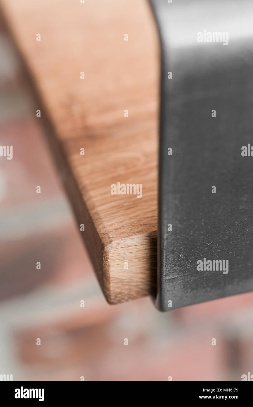 Shelf in wood and metal hanging on a brick wall in loft style Stock ...