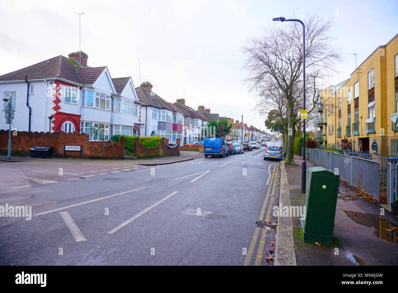 The junction of Evelyn Ave & Grove Pk in Colindale, London, England, UK ...
