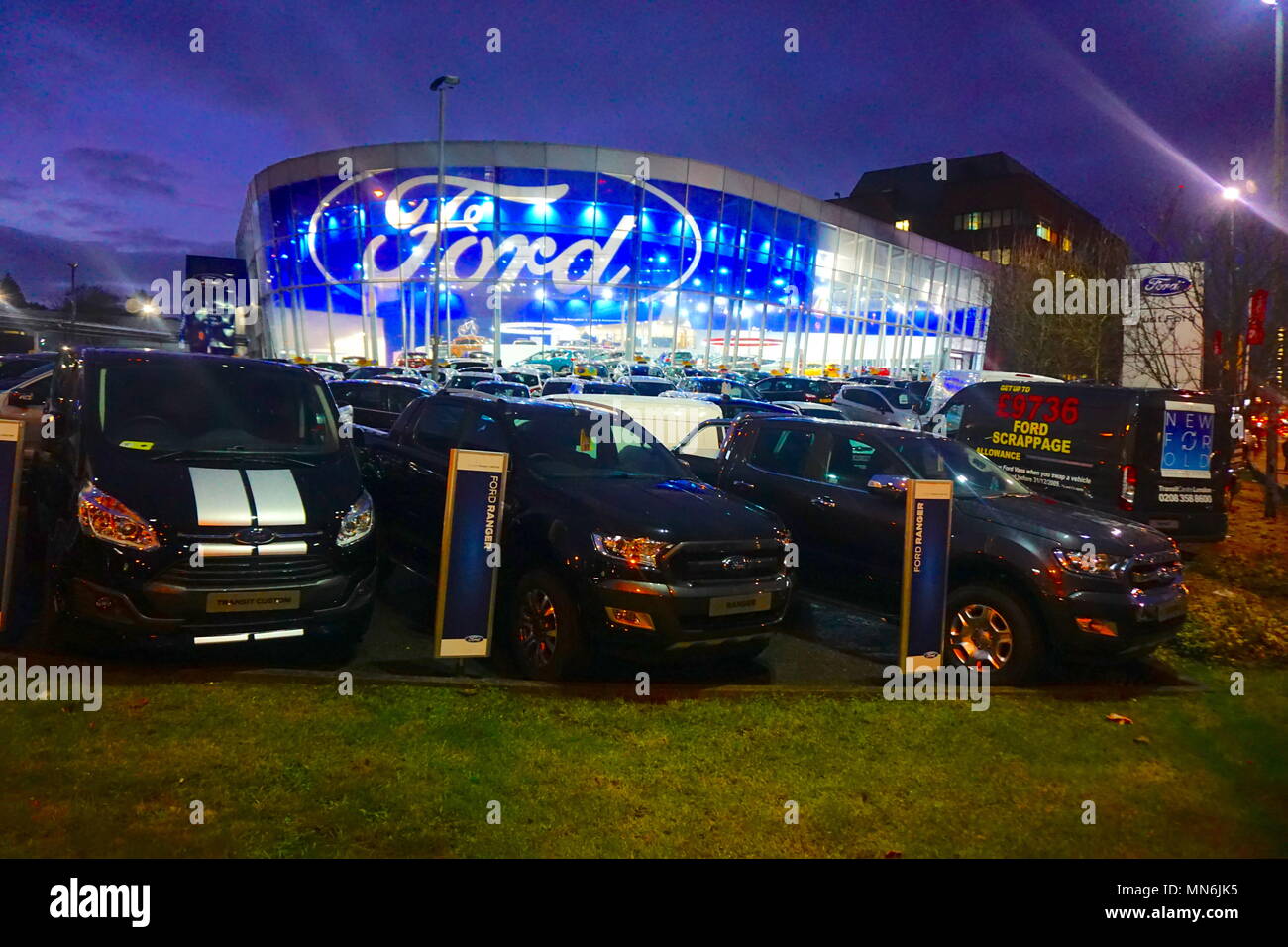 Ford Dealership at dusk in Colindale, London, England, Uk Stock Photo ...