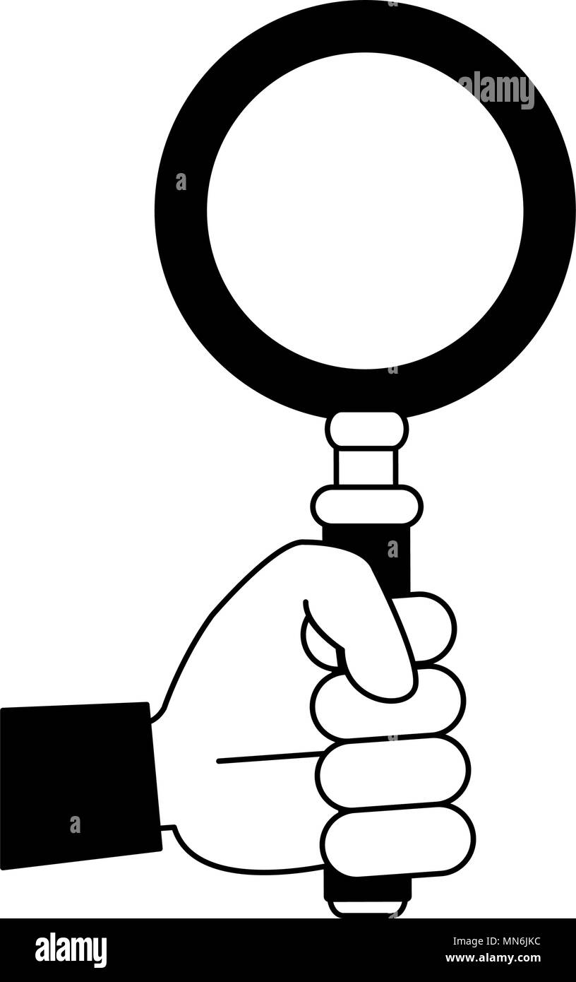 Hand with magnifying glass in black and white colors Stock Vector Image ...