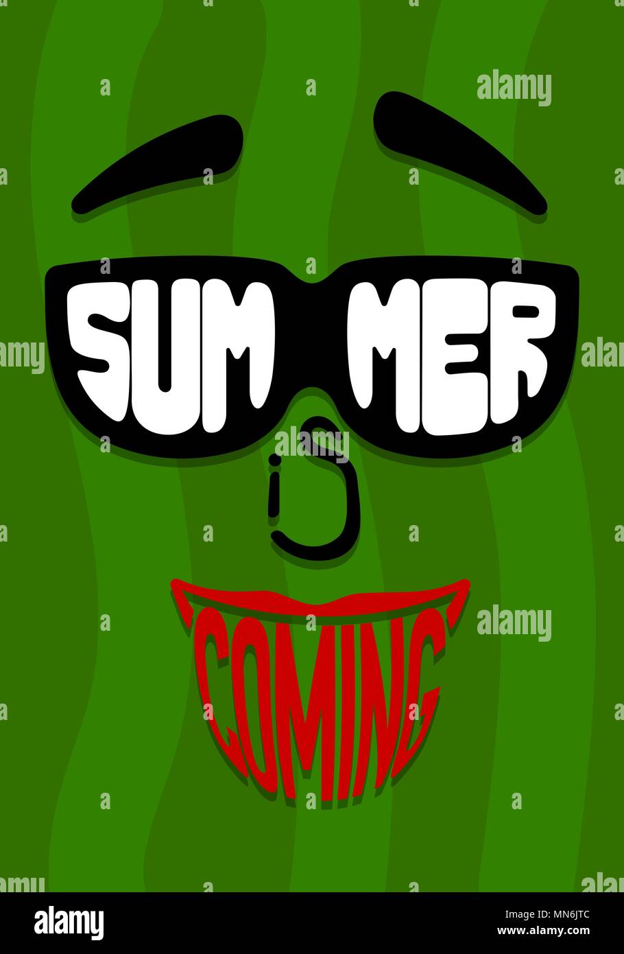 Summer coming inscription on poster. Face with sunglasses and smile ...