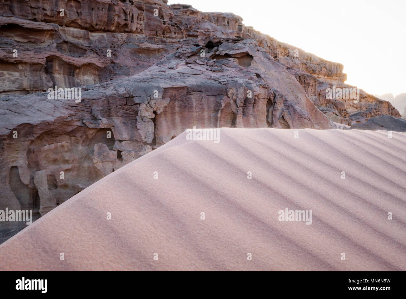 Windblown ripples and sand patterns on the surface of a pink sand dune ...