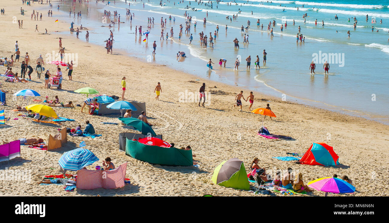 BALEAL, PORTUGAL - JUL 30, 2017: People at the ocean beach in a high ...